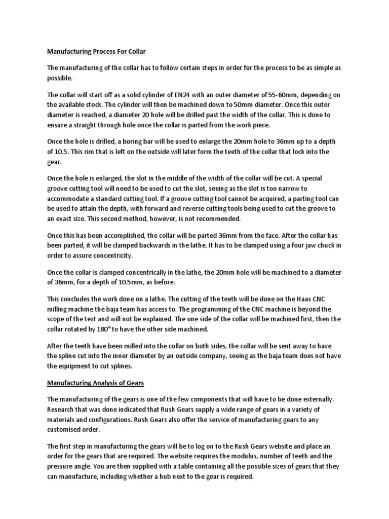 Manufacturing Process For Collar | PDF | Gear | Machining