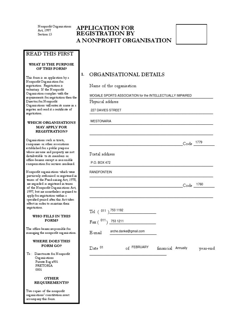 NPO Registration Application Form | PDF | Nonprofit Organization ...