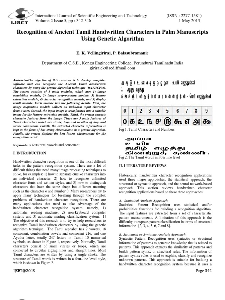 Recognition of Ancient Tamil Handwritten Characters in Palm Manuscripts Using Genetic Algorithm ...
