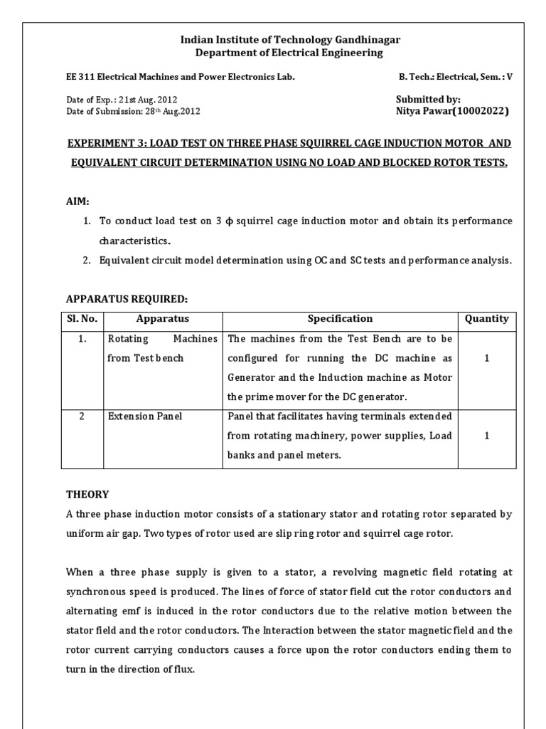 Exp. 3 - Load Test and Equivalent Circuit Determination On Three Phase ...