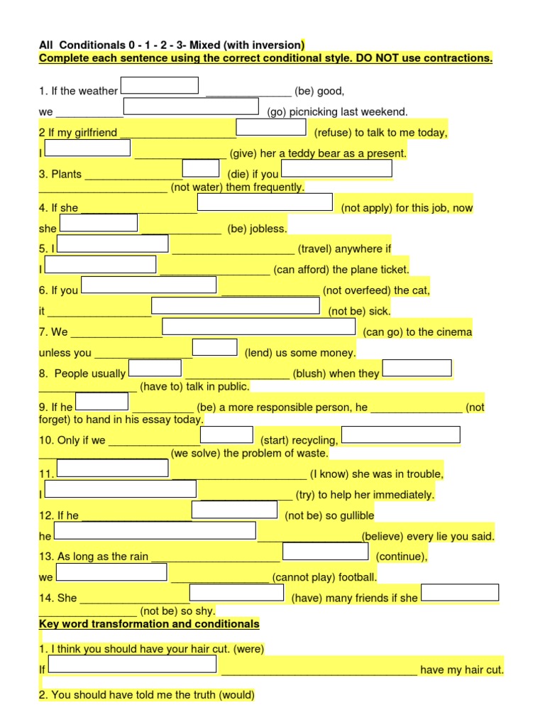 All Conditionals 0 - 1 - 2 - 3-Mixed (With Inversion) Complete Each Sentence Using The Correct ...
