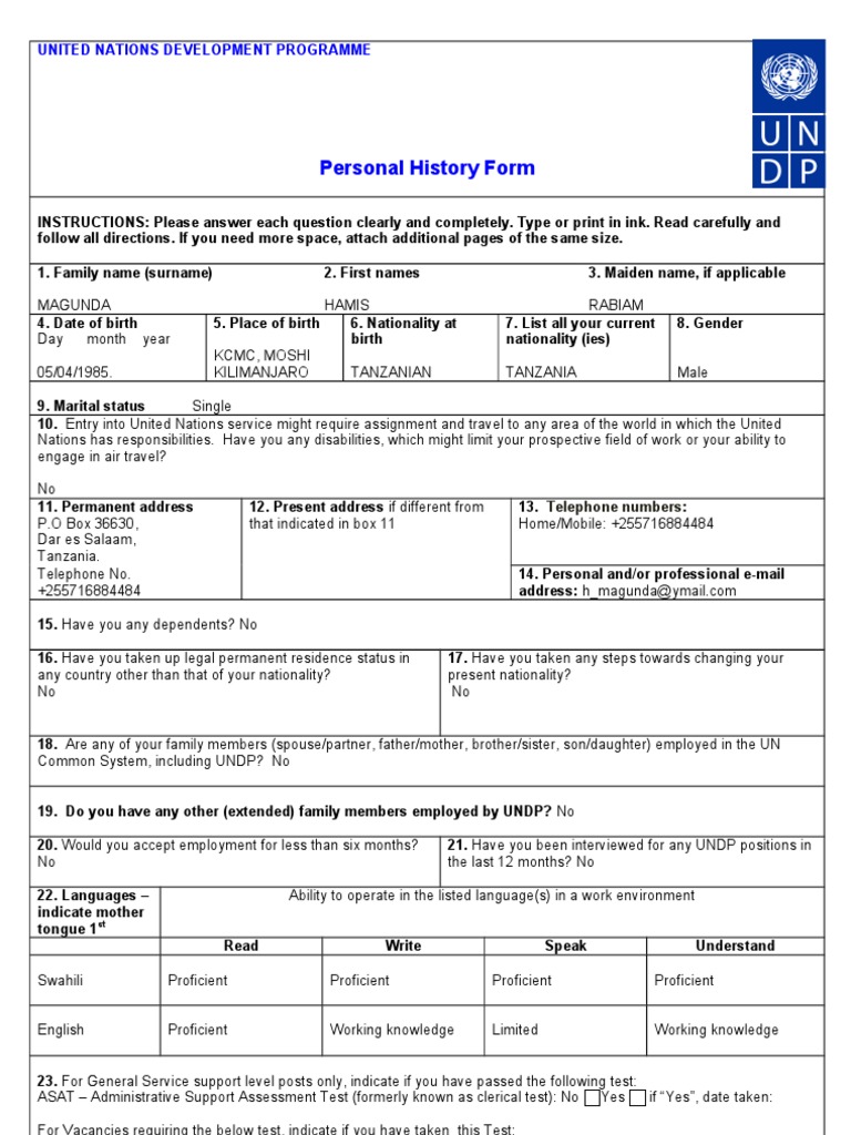 P11 Personal History Form UNDP | Tanzania | Academic Degree