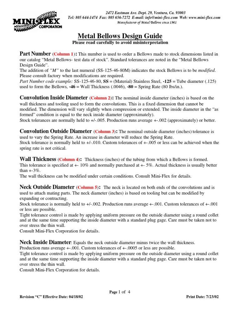 Metal Bellows Design Guide: Part Number | PDF | Engineering Tolerance ...