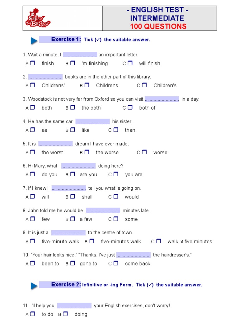 Exercises Test Intermediate 1 | PDF | Verb | English Language