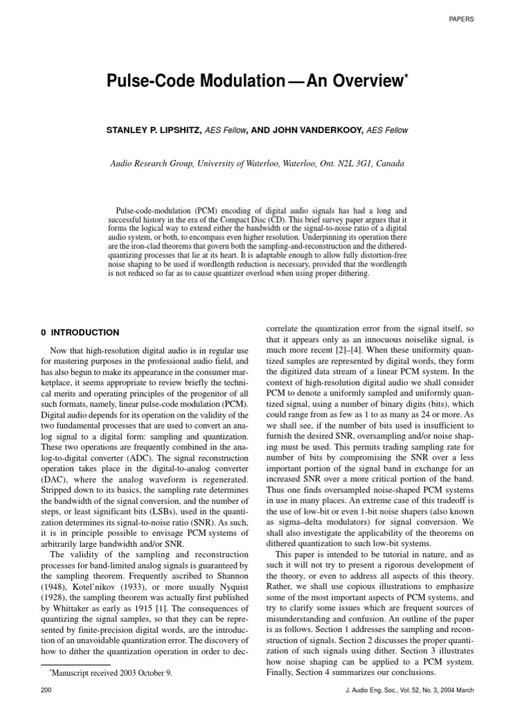 Libshitz, S. P., Vanderkooy, J. - Pulse Code Modulation An Overview | PDF | Sampling (Signal ...