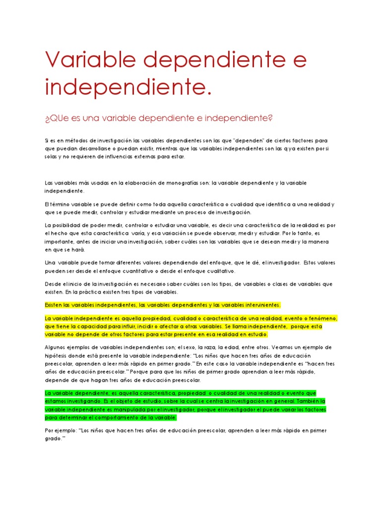 Variable Dependiente e Independiente | PDF | Medición | Variable ...