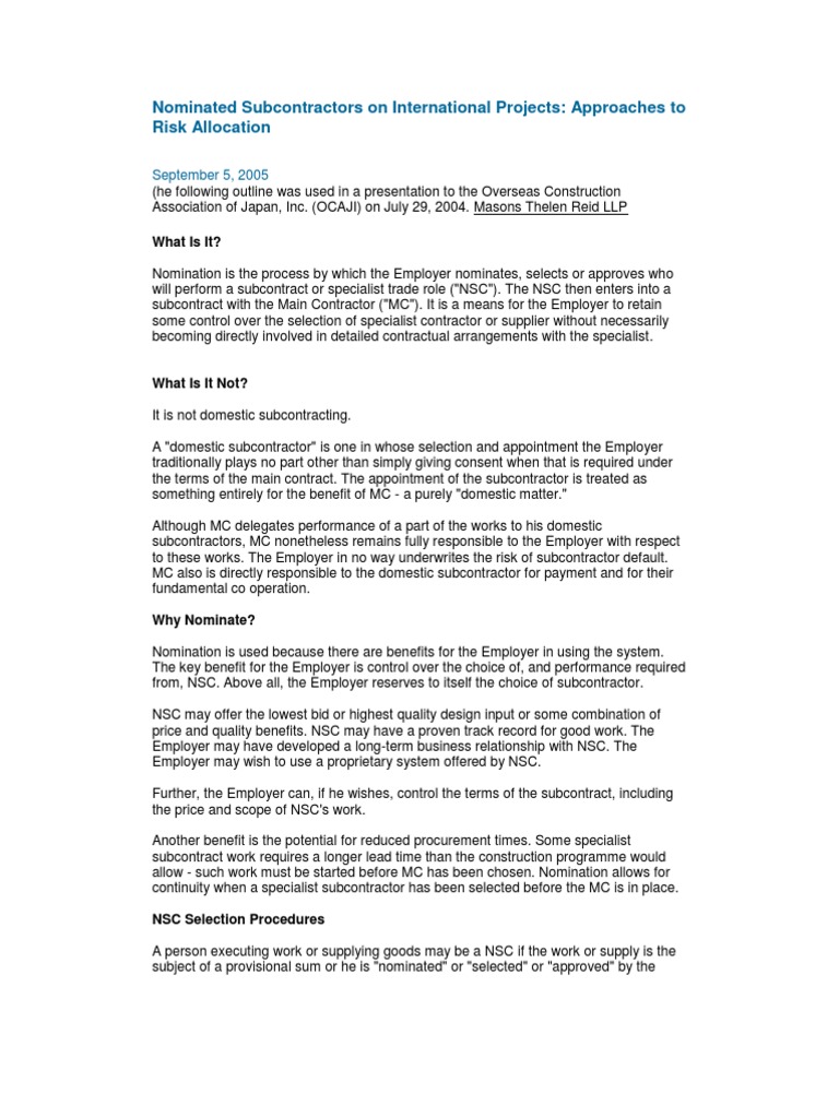 Nominated Subcontractors On International Projects | PDF | Indemnity ...