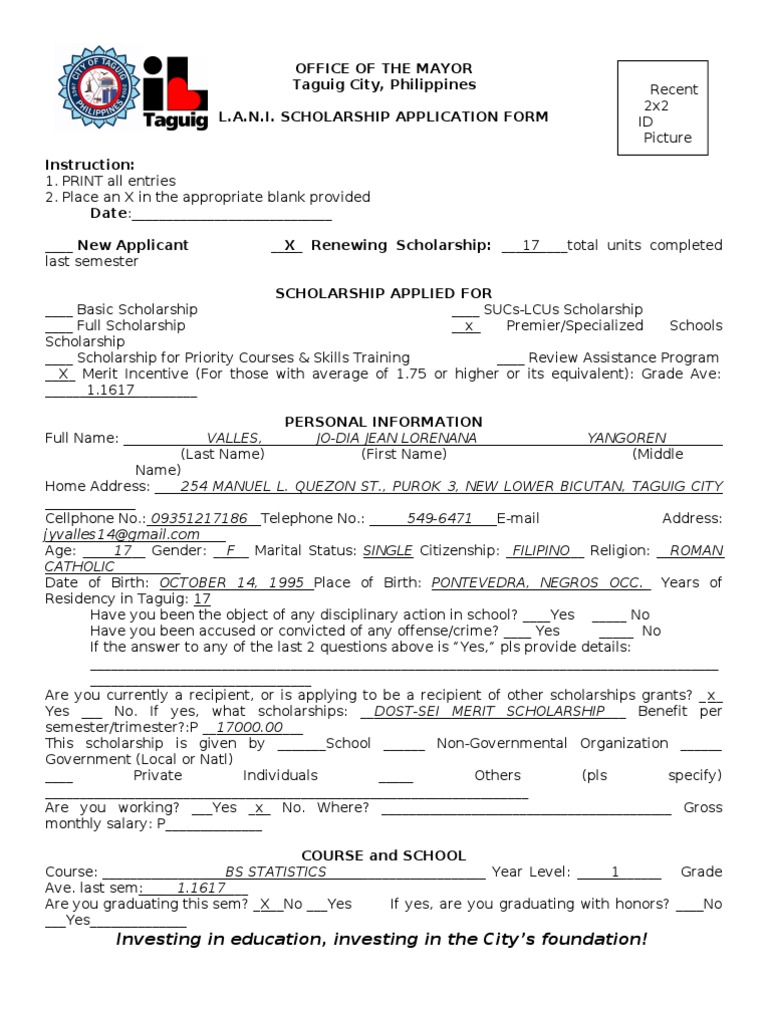 LANI Scholarship Application Form For College & Board or Bar Takers-rev-Oct 1.2012 | PDF ...