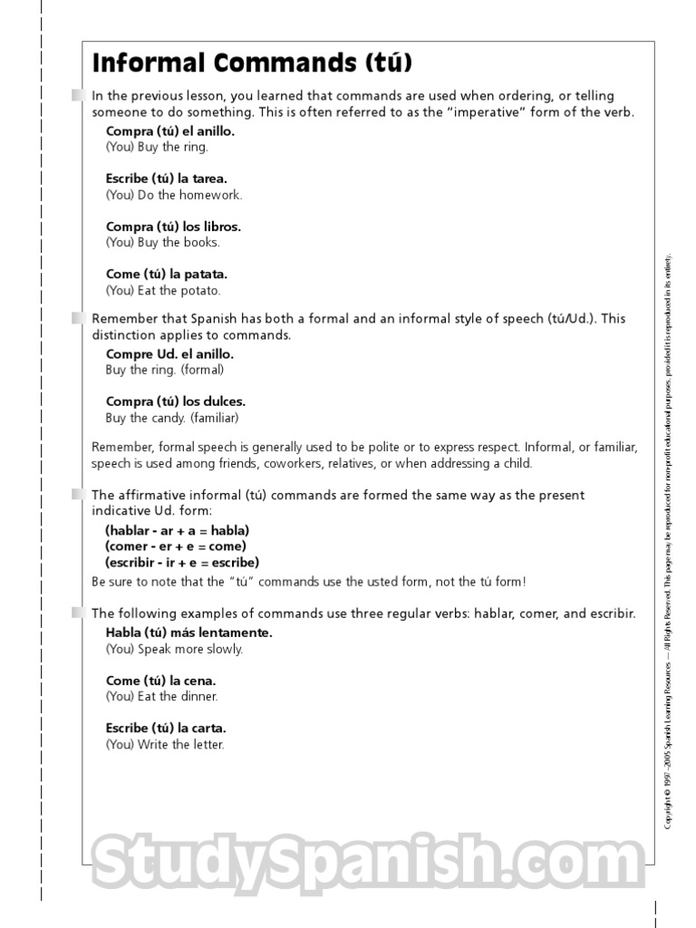 Informal Commands Tu | PDF | Syntax | Grammar