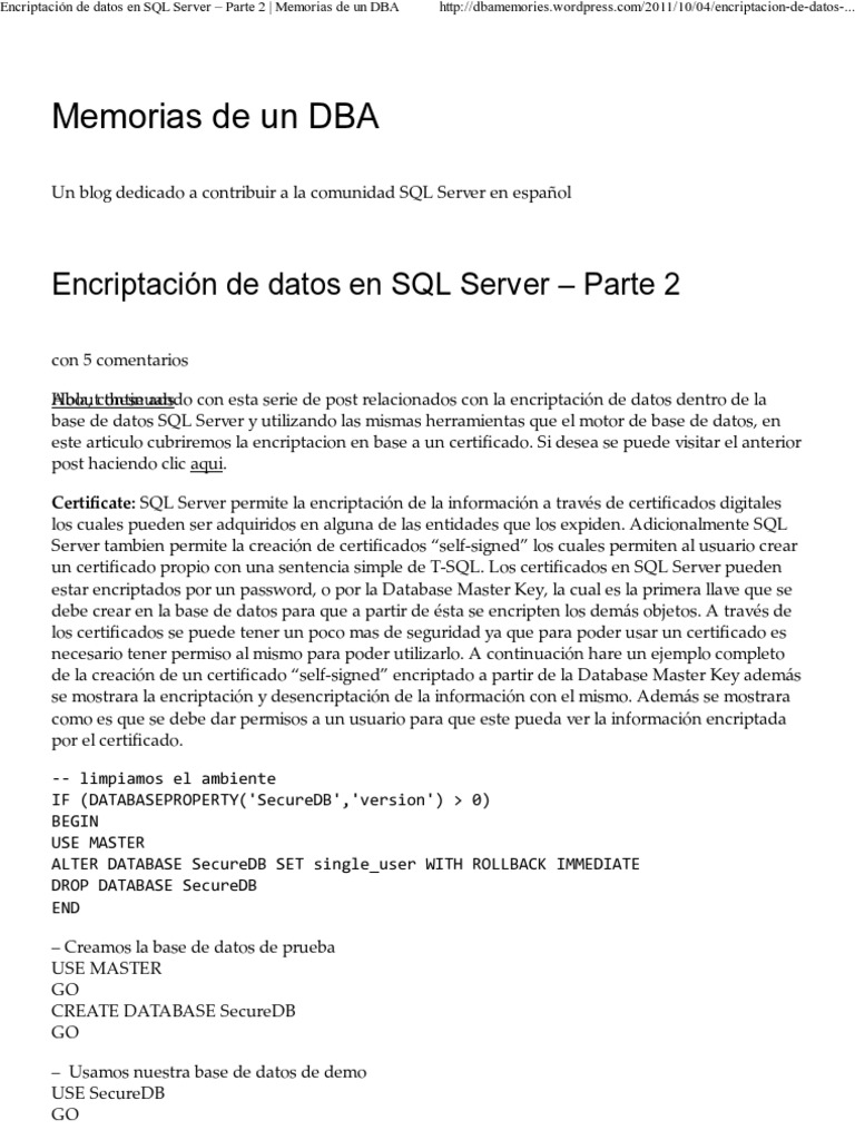 Encriptación de Datos en SQL Server - Parte 2 - Memorias de Un DBA | PDF | Servidor SQL de ...