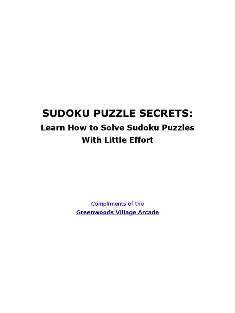 Sudoku Puzzle Secrets:: Learn How To Solve Sudoku Puzzles With Little ...