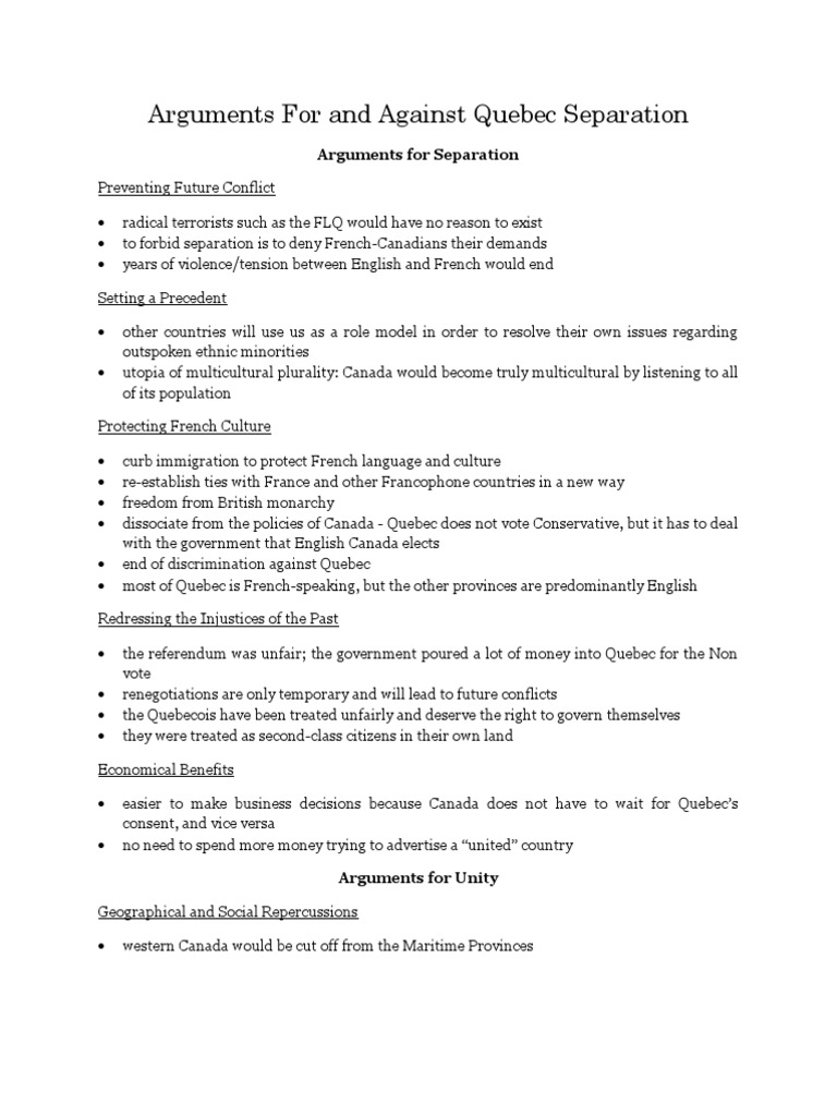 Arguments For and Against Quebec Separation | PDF | Canada | Quebec