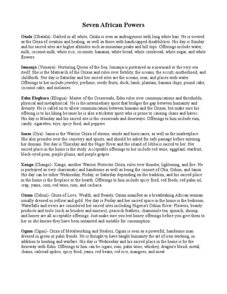 The Seven African Powers | Religion And Belief | Foods