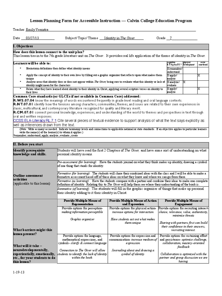 Accessible Lesson Plan: Identity in The Giver | PDF | Educational ...