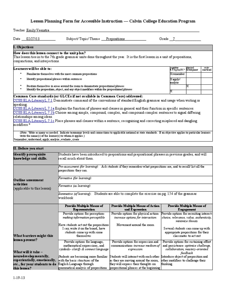Lesson Plan - Prepositional Phrases | PDF | Preposition And ...