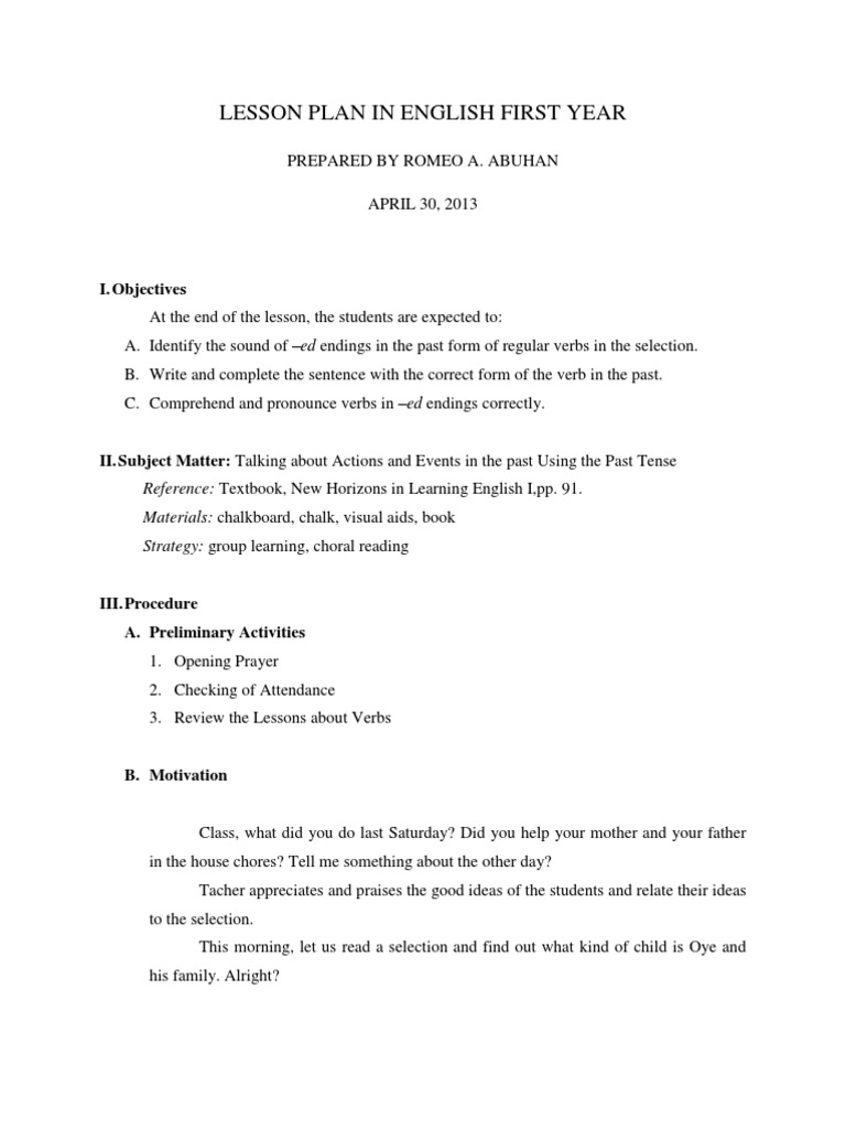 Lesson Plan in English I | PDF | Lesson Plan | English Language