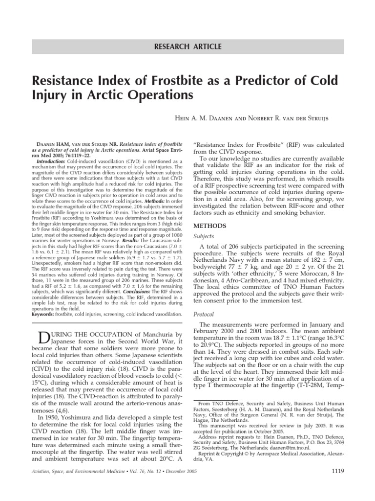 Resistance Index of Frostbite As A Predictor of Cold Injury in Arctic ...