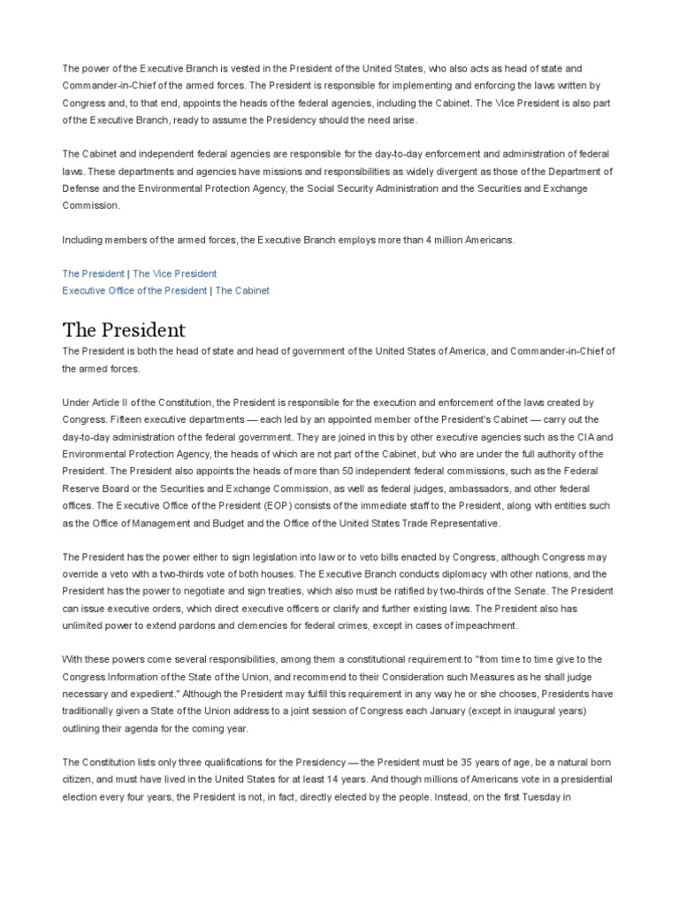 Overview of the U.S. Executive Branch | PDF | Presidents Of The United ...