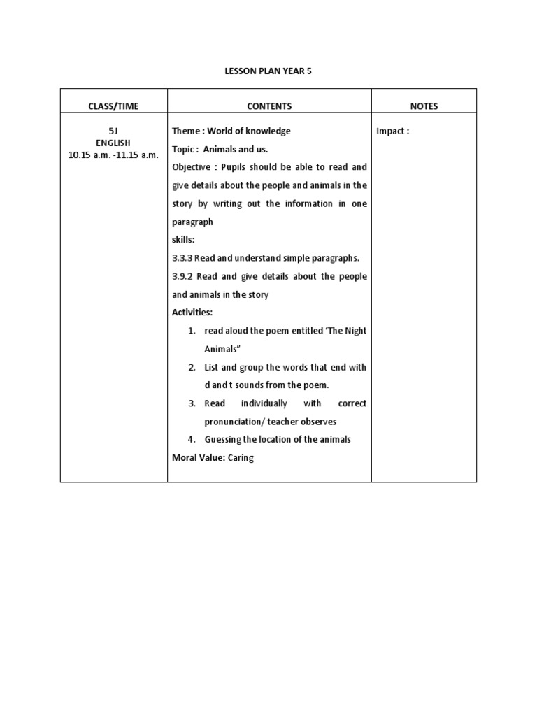 Everyday Lesson Plan Year 5 | PDF | Lesson Plan | English Language