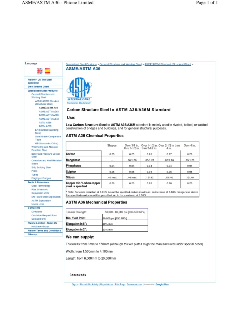 A36 Asme/Astm: Carbon Structure Steel To ASTM A36/A36M Standard Use | PDF