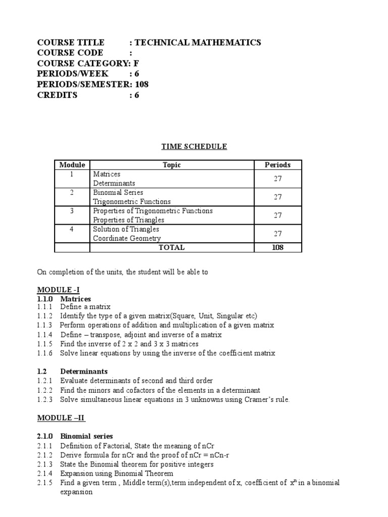Course Title: Technical Mathematics Course Code: Course Category: F ...