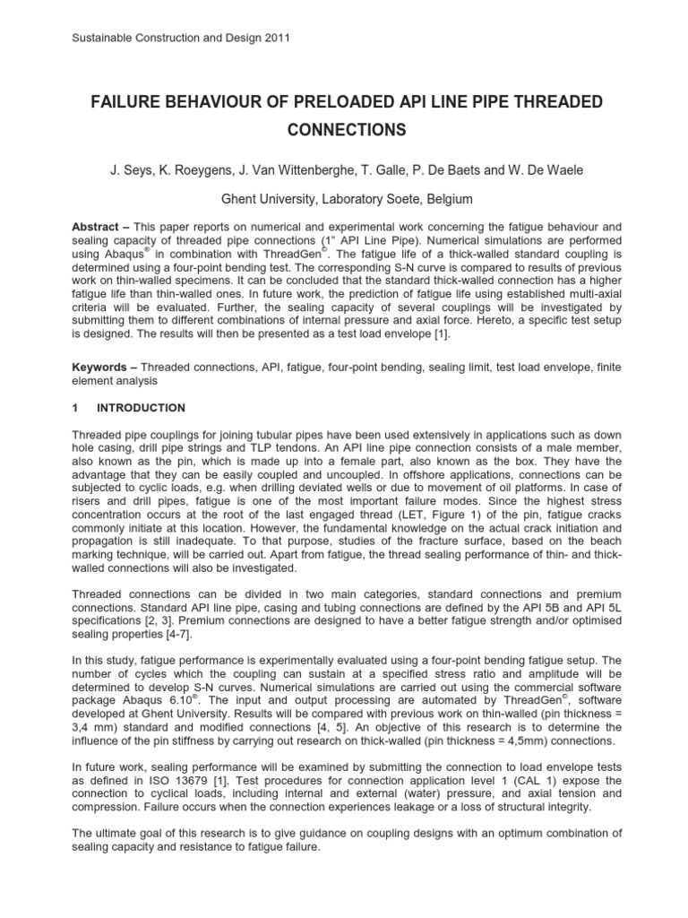 Failure Behaviour of Preloaded Api Line Pipe Threaded Connections | PDF ...