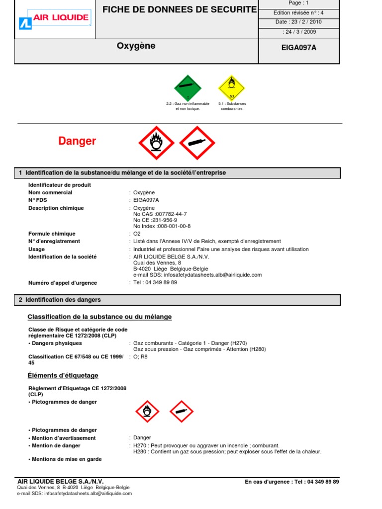 FDS Oxygène FR | Sciences physiques | Science