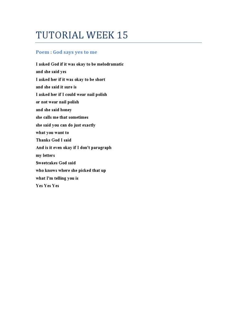 Tutorial Week 15: Poem: God Says Yes To Me | PDF