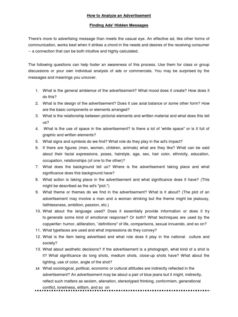Analyzing Advertisements: Key Questions | PDF | Advertising | Communication