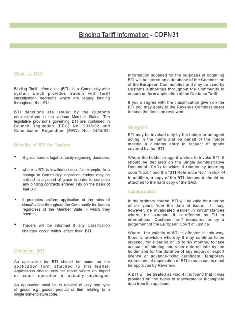 Binding Tariff Information - CDPN31: What Is BTI? | PDF | European Union | Government