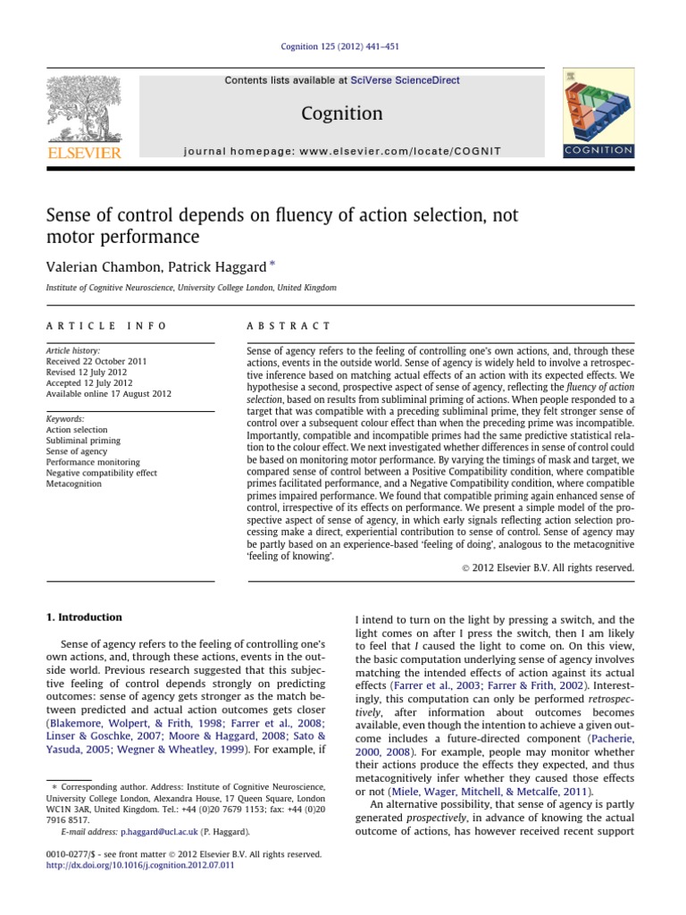 Chambon & Haggard 2012 Sense of Control Depends On Fluency of Action ...