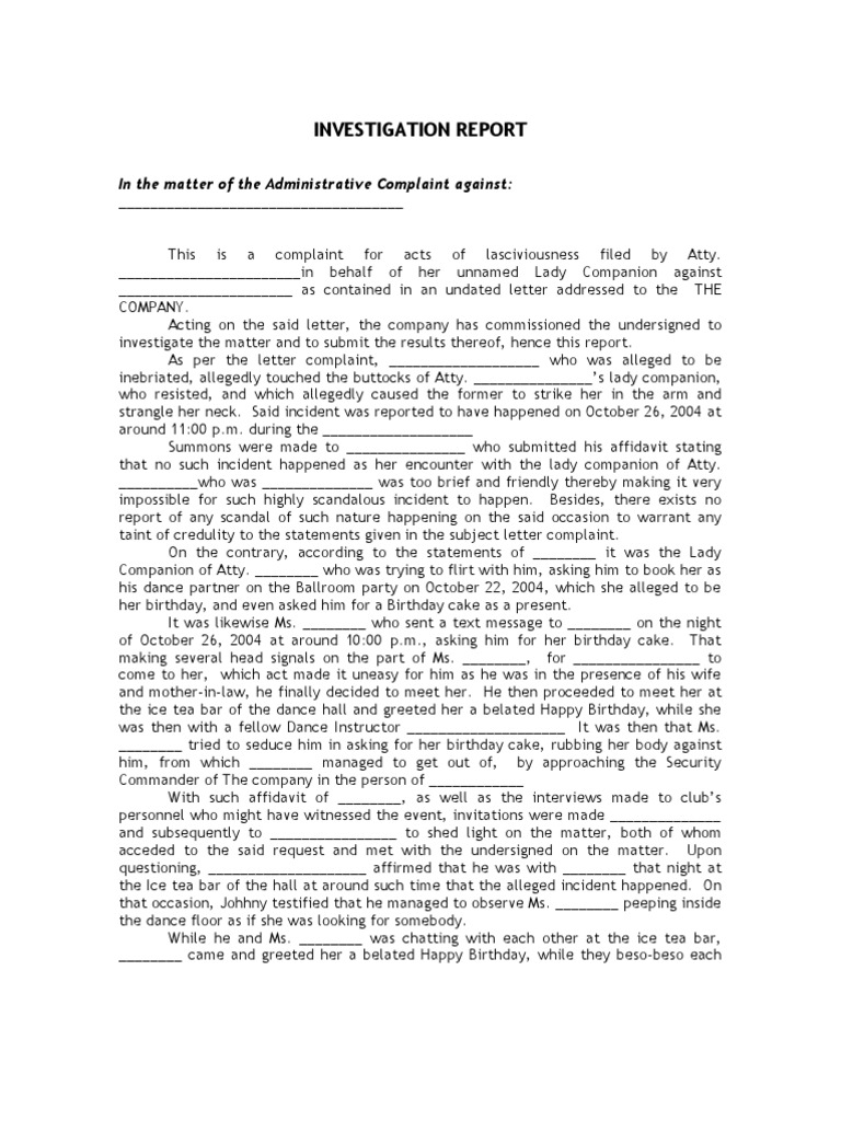 Investigation Report: in The Matter of The Administrative Complaint ...