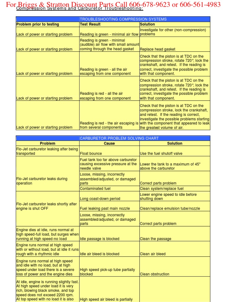 Trouble Shooting Carb and Compression BRIGGS & STRATTON | PDF ...