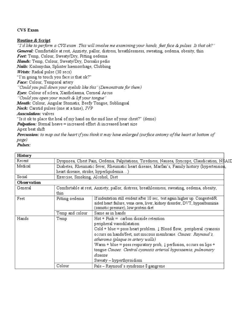 CVS Exam Routine & Script: Koilonychia | PDF | Pulse | Heart
