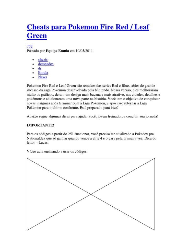 Cheats para Pokemon Fire Red | PDF | Pokémon | Elementos de ficção