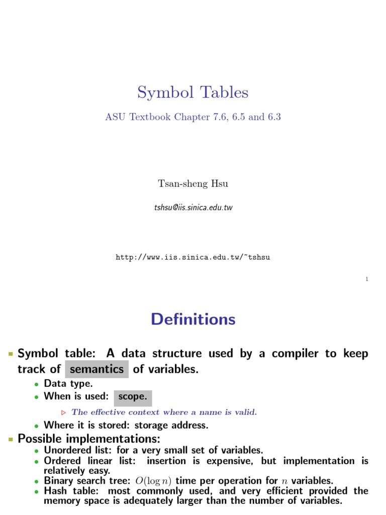 Symbol Tables: ASU Textbook Chapter 7.6, 6.5 and 6.3 | PDF | Scope (Computer Science) | Subroutine