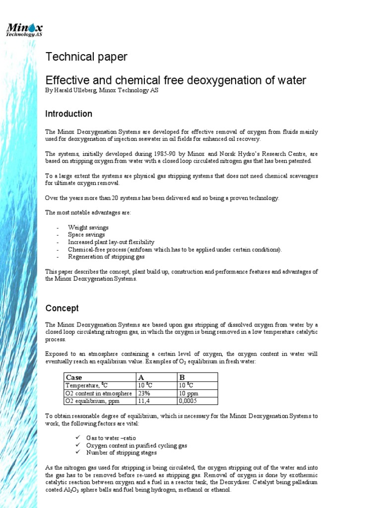 Effective And Chemical Free Deoxygenation Of Water Pdf Oxygen