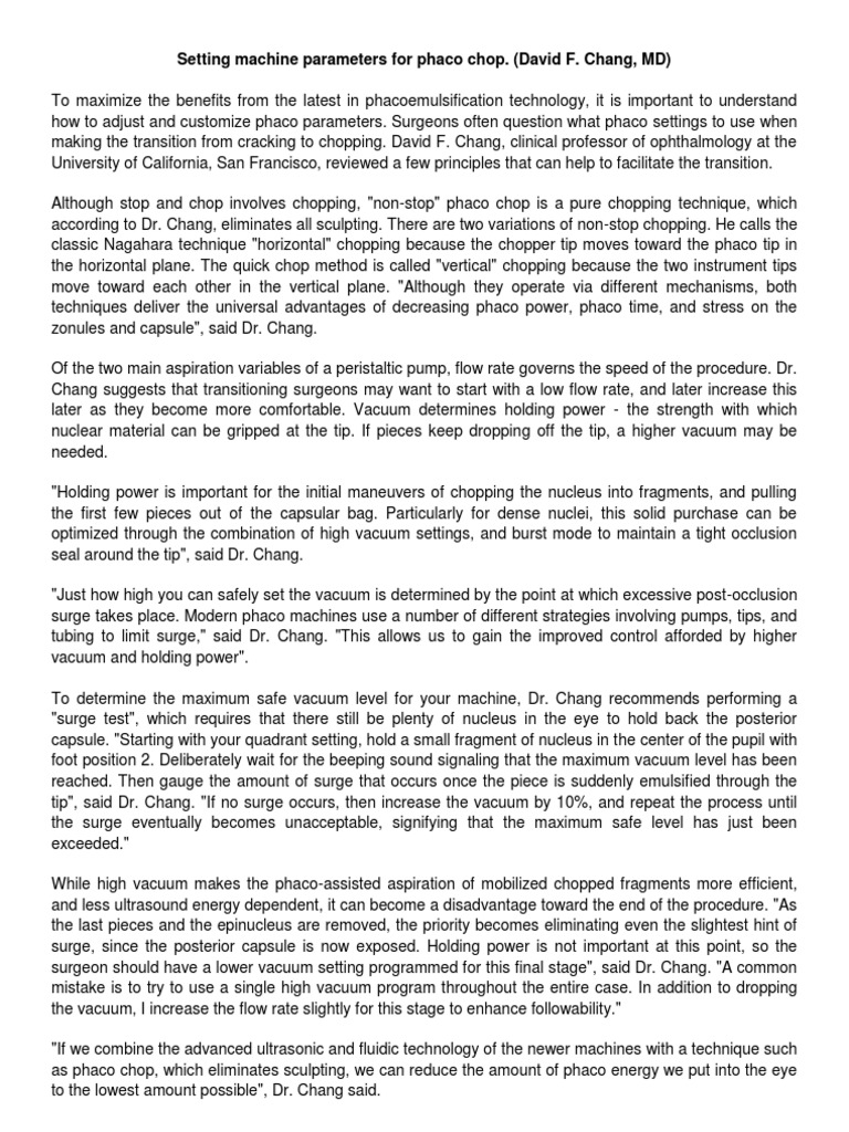 Setting Machine Parameters For Phaco Chop | PDF | Vacuum | Applied And ...