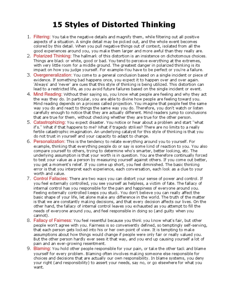 15 Styles of Distorted Thinking | Download Free PDF | Thought | Fallacy