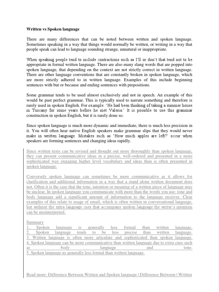 Written Vs Spoken Language | PDF | English Language | Speech