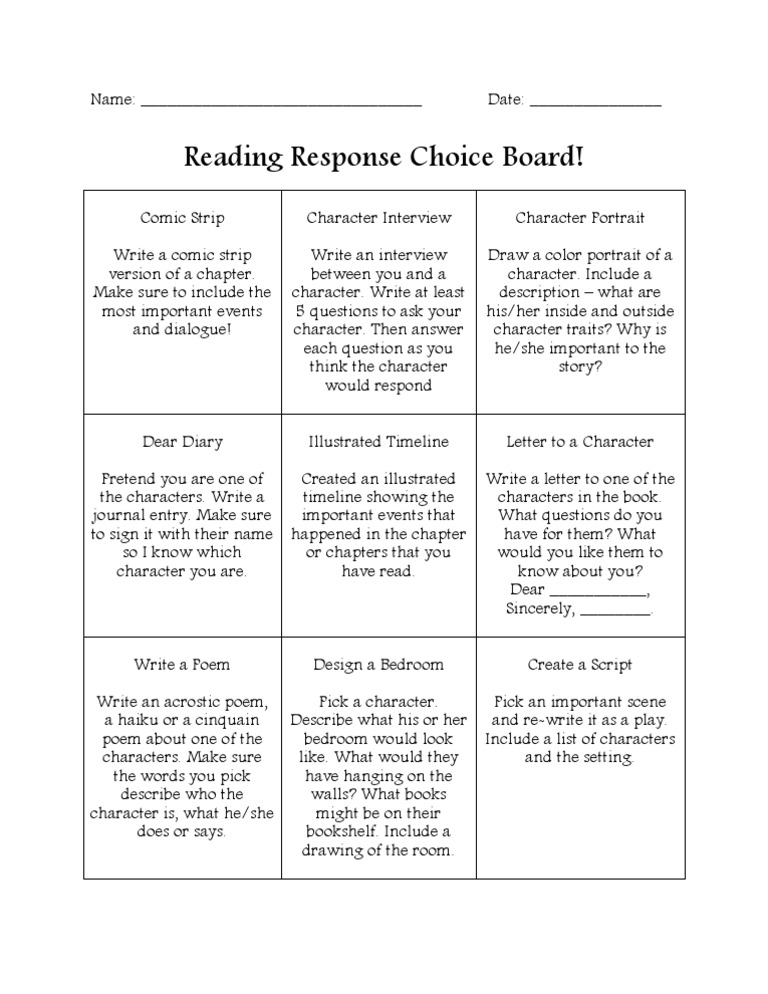 Reading Response Choice Board - Vertical | PDF
