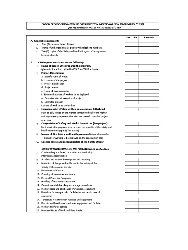 Checklist For Construction Safety and Health Program | PDF | Safety ...