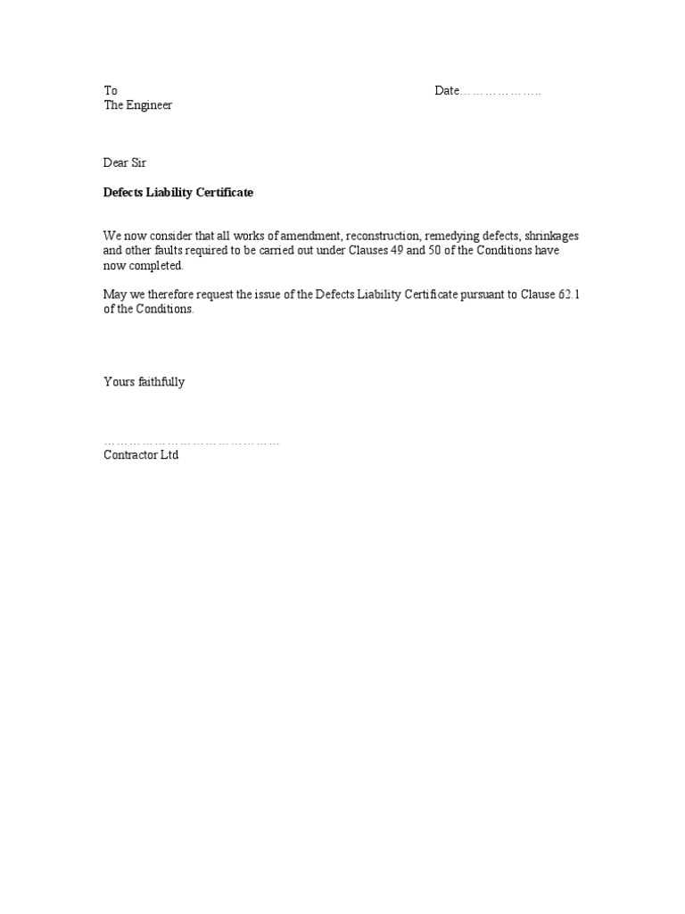 Defects Liability Certificate