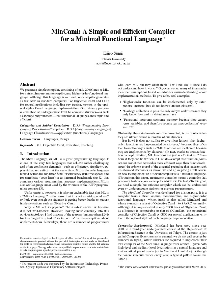 Mincaml: A Simple and Efficient Compiler For A Minimal Functional ...