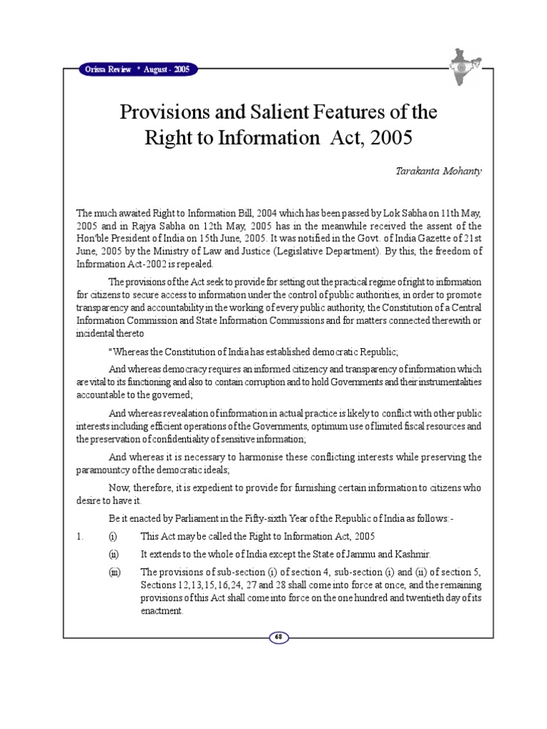 Provisions and Salient Features PDF | PDF | Freedom Of Information Laws ...