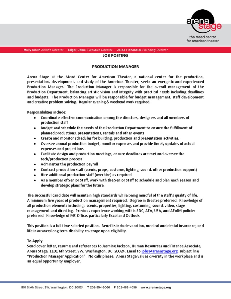 Production Manager Job at Arena Stage | PDF