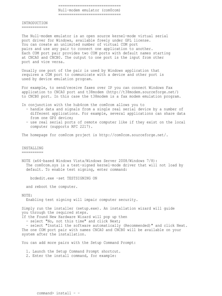 Com0Com Manual | PDF | Device Driver | Microsoft Windows