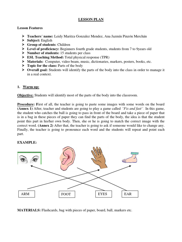 Grade 1 Body Parts Lesson Plan | PDF | Lesson Plan | Learning