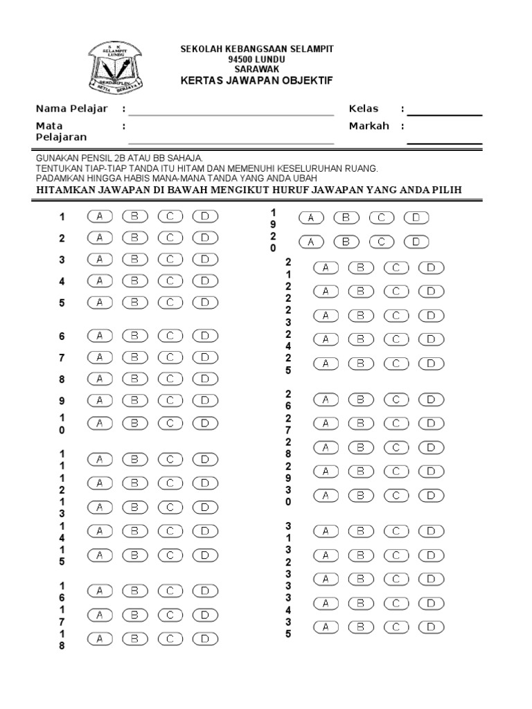 Kertas Jawapan Objektif (40 Soalan) | PDF