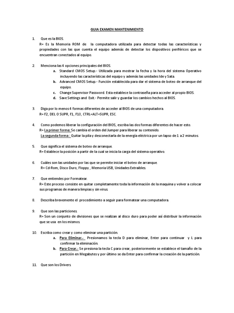 Guia Examen Mantenimiento La Bios y Formatear | PDF | Bios | Memoria del ordenador
